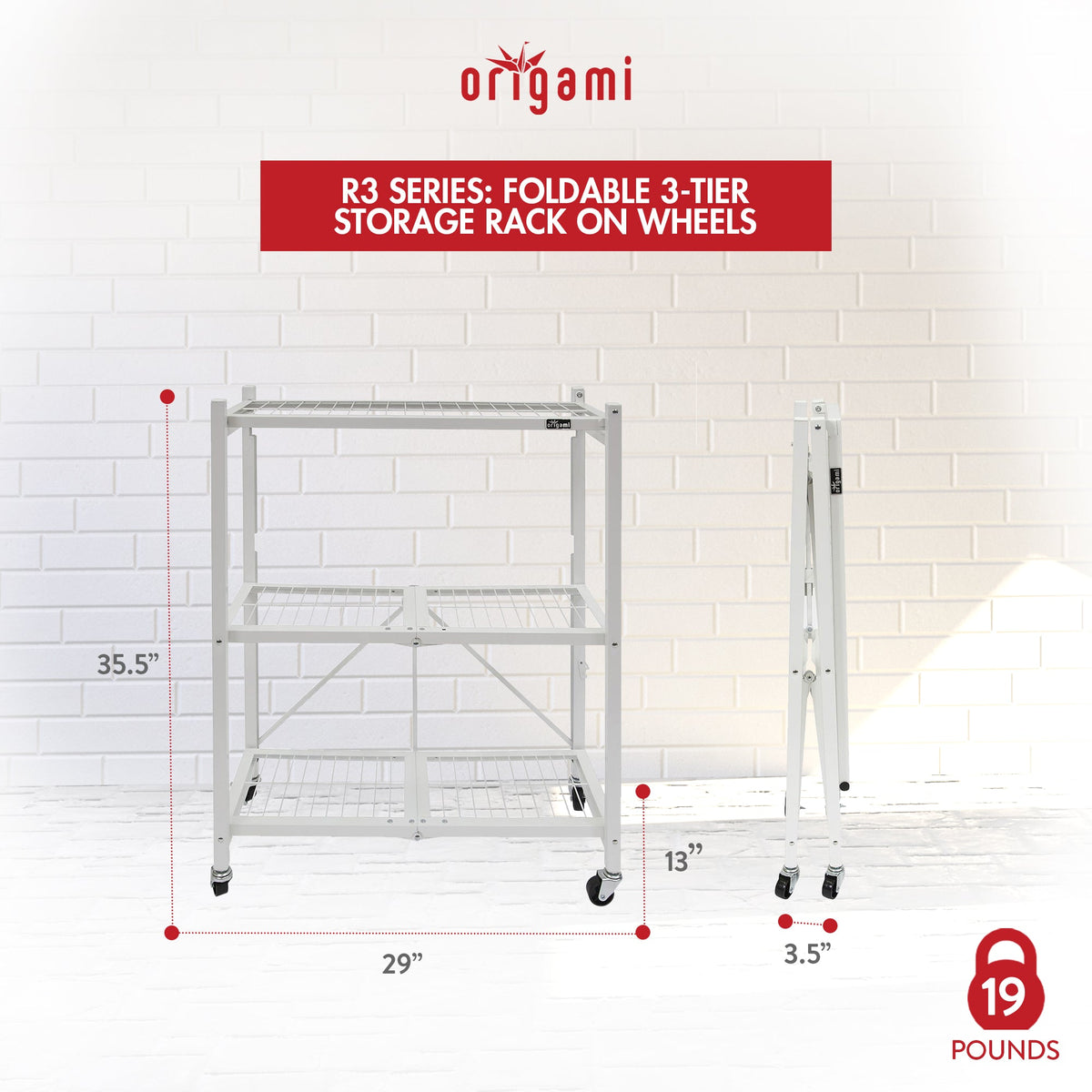 Origami R3 3 Tier Heavy Duty Foldable Rolling Garage Shelving with Whe ...