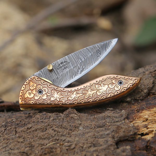 Pixel Copper Damascus Pocket Knife with Engraved Copper Handle – TRAPSKI